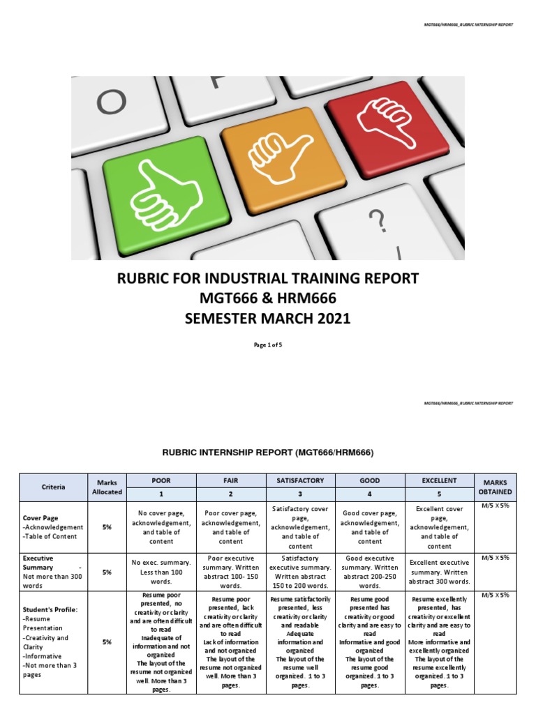 Rubric For Industrial Training Report MGT666 & HRM666 Semester March ...