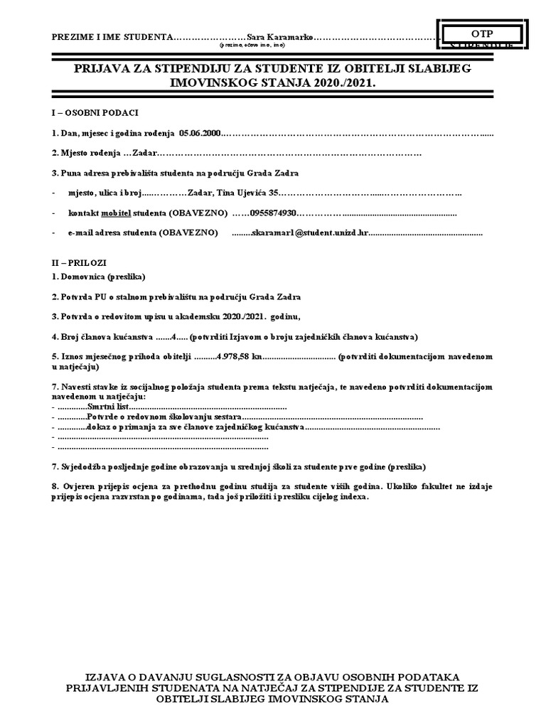 Otp Stipendije - Obrazac | PDF