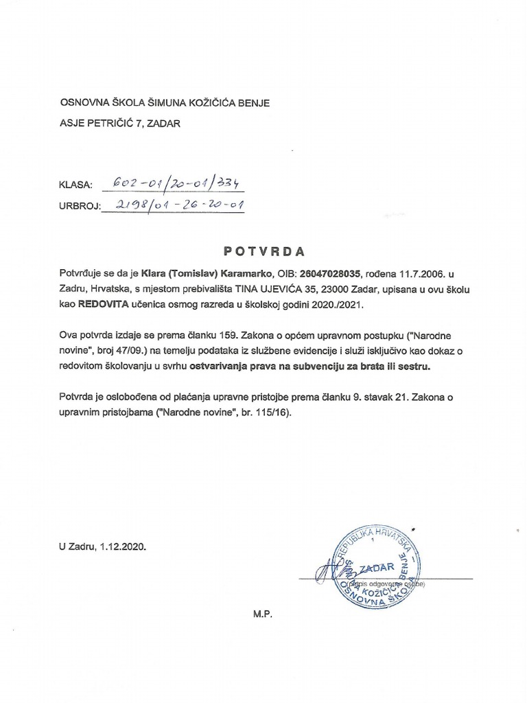 Potvrda Klara Karamarko | PDF