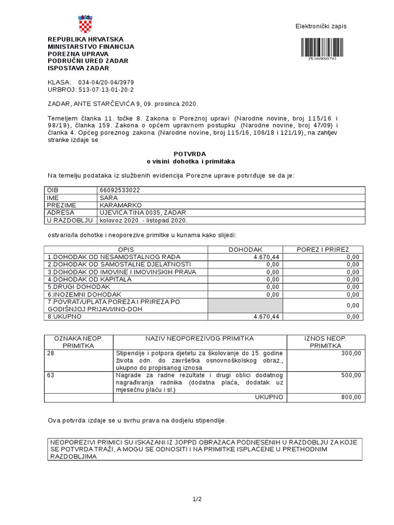 Potvrda o Visini Dohotka I Primitaka - Sara Karamarko | PDF