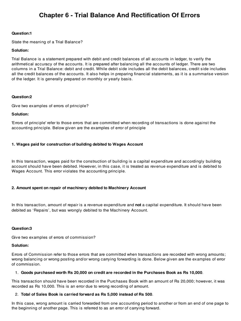 Chapter 6 - Trial Balance and Rectification of Errors | PDF | Debits ...