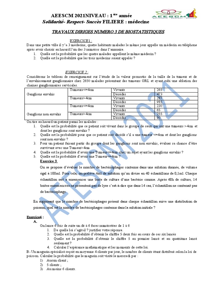 TD Biostatistique | PDF | Probabilité | Variable aléatoire à densité