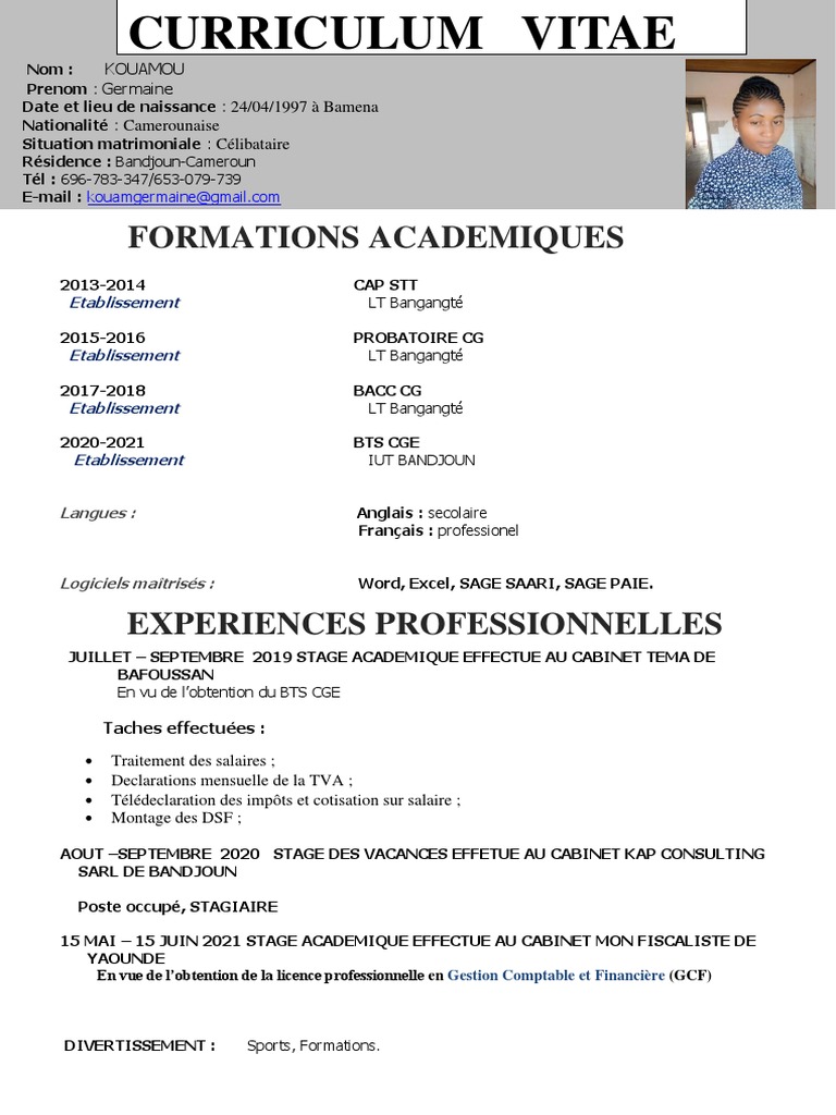 Curriculum Vitae de Germaine Kouamou | PDF | Évolution de carrière ...