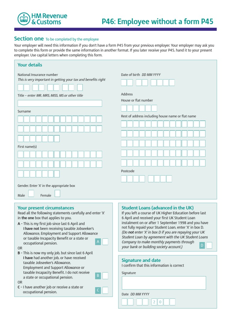 P46: Employee Without A Form P45: Section One | PDF | Government ...