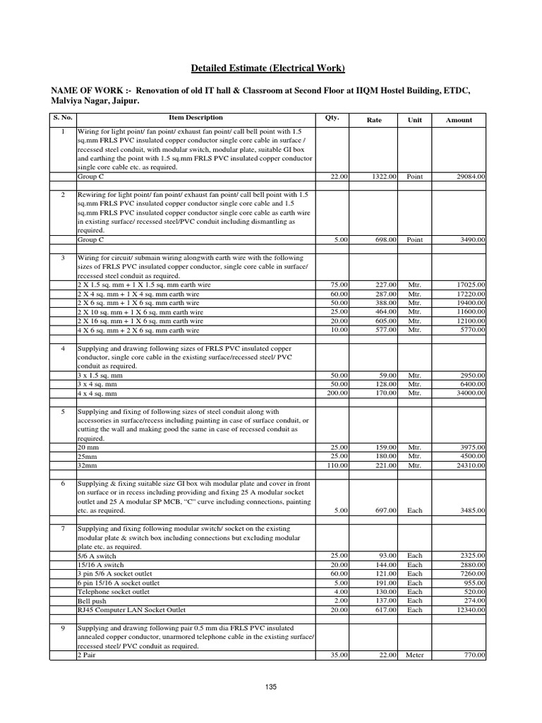 Detailed Estimate (Electrical Work) | PDF | Pipe (Fluid Conveyance ...