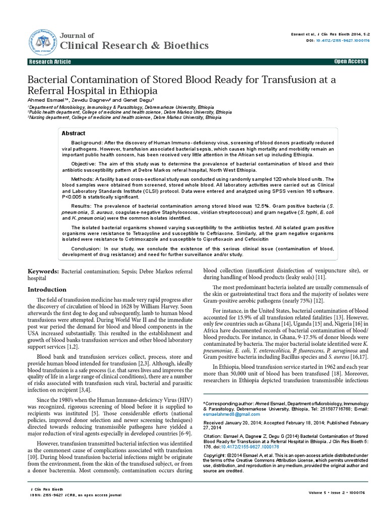 Bacterial Contamination of Stored Blood Ready For Transfusion at A ...