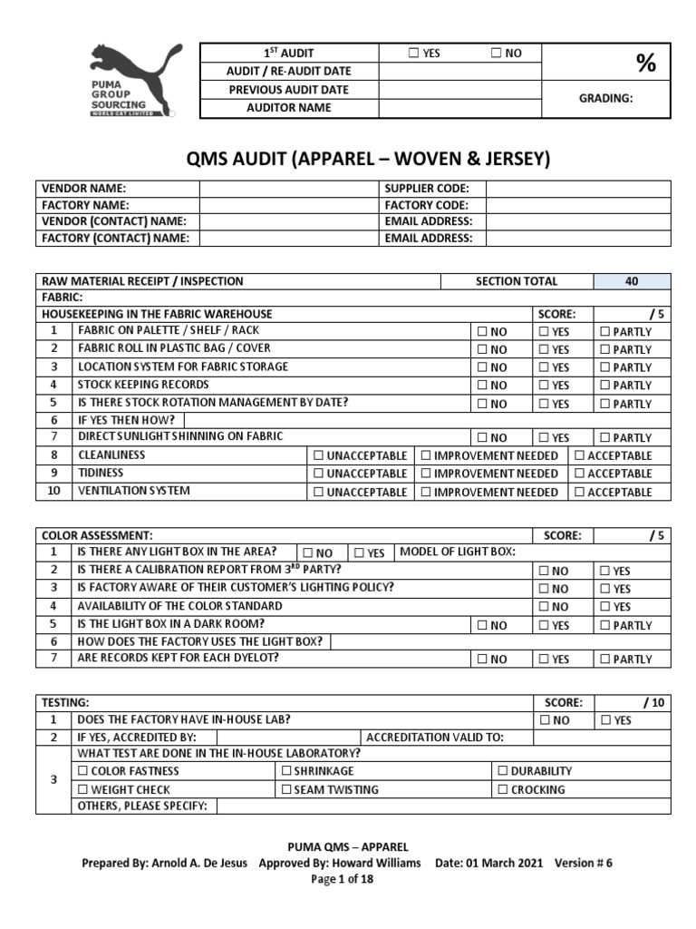 QMS AUDIT - Apparel.... Version # 6 (50354) | PDF | Sewing | Consumer Goods