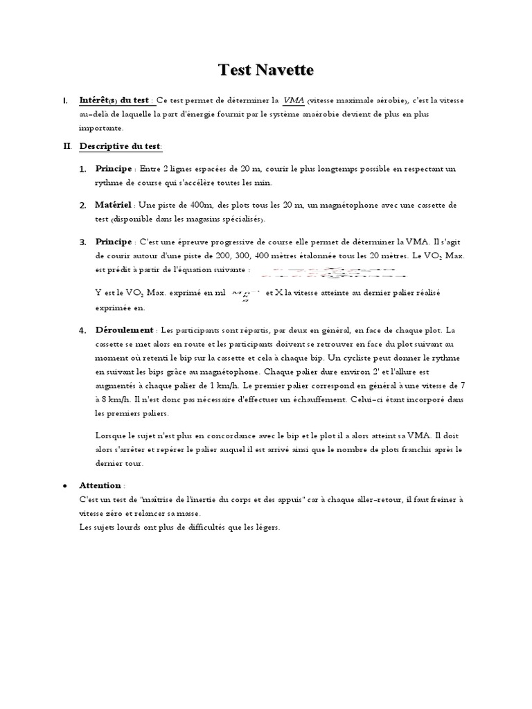 Test Navette : Évaluation de la VMA | PDF