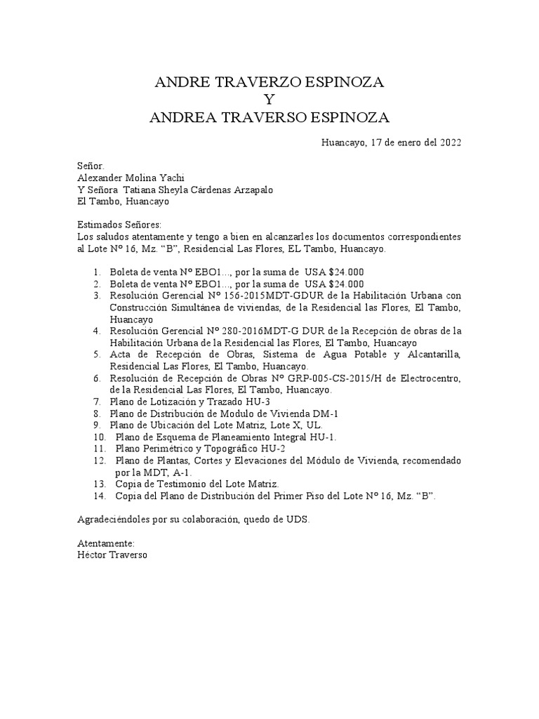 Documentación Lote N° 16, Residencial Las Flores | PDF