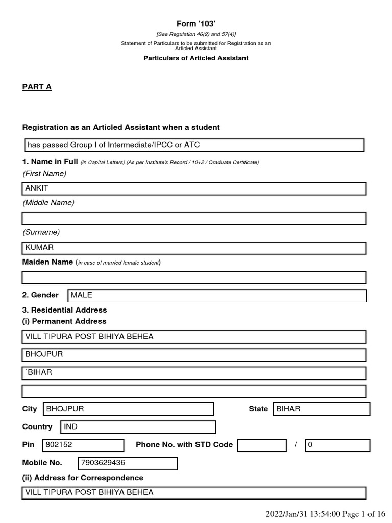 Has Passed Group I of Intermediate/IPCC or ATC: Form '103' | PDF ...