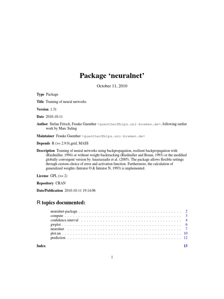 Package Neuralnet': R Topics Documented | PDF | Artificial Neural Network | Applied Mathematics
