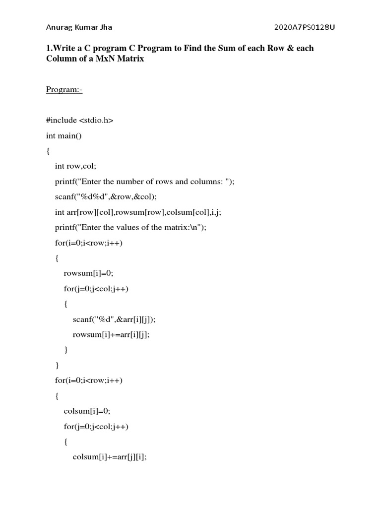 1.write A C Program C Program To Find The Sum of Each Row & Each Column ...