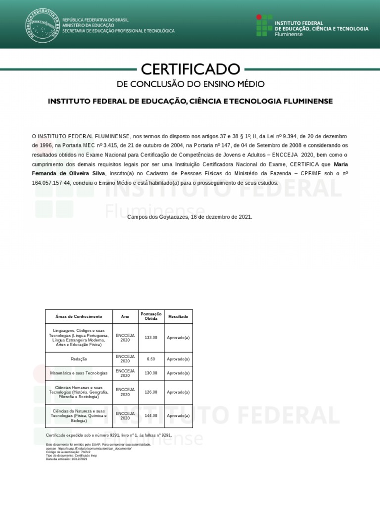 Certificado de Conclusão do ENCCEJA | PDF