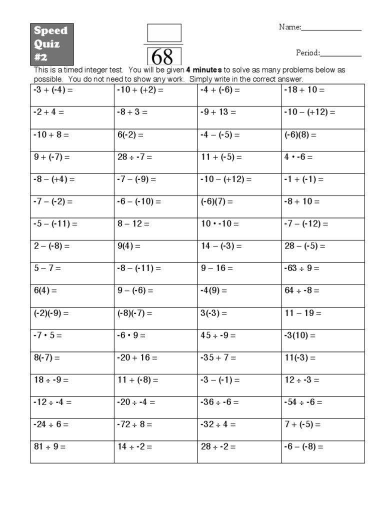 Integers Speed Quiz 2 | PDF