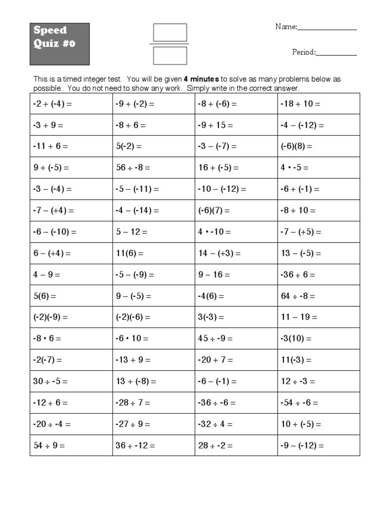 Integers Speed Quiz 0 | PDF