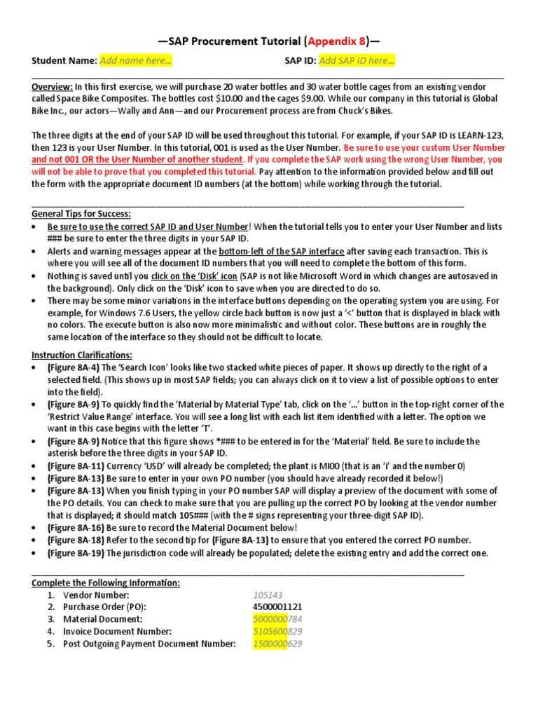 SAP Procurement Tutorial Worksheet | PDF | Icon (Computing) | Computer ...