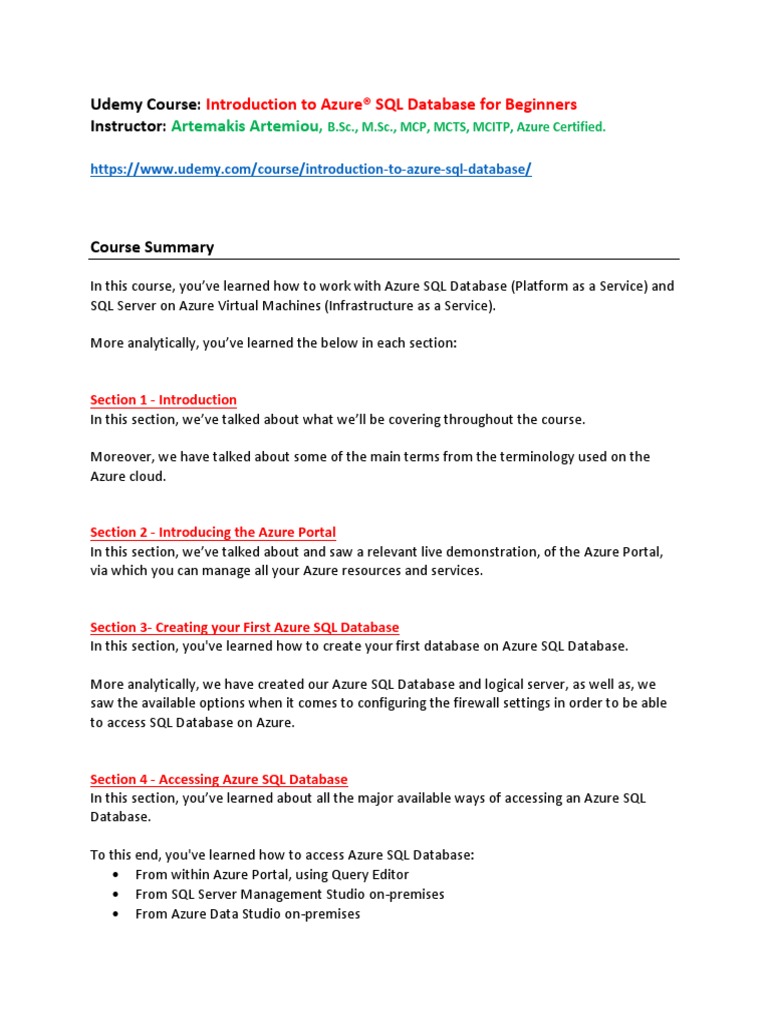Azure SQL Course Summary | PDF | Microsoft Sql Server | Microsoft Azure