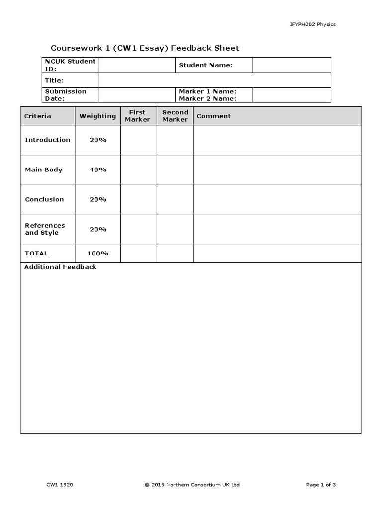 Physics CW1 Template Feedback Sheet and Marking Criteria Grid 1920 ...