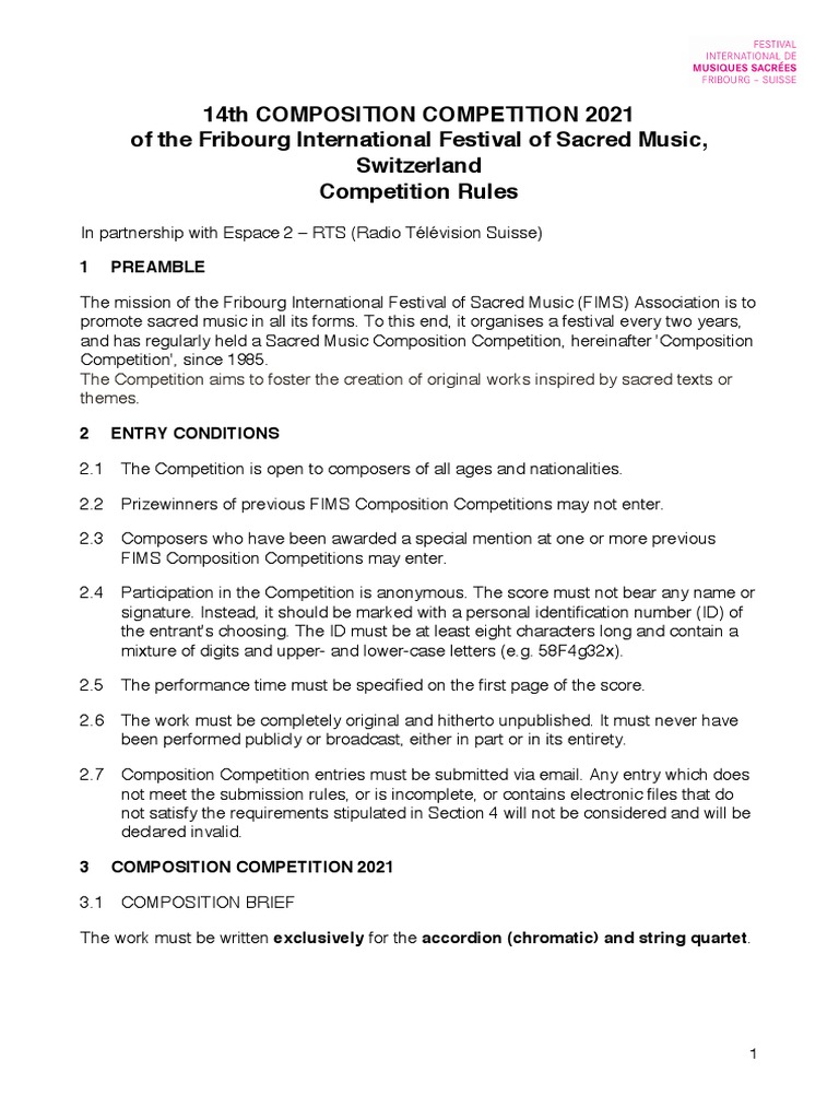 14Th Composition Competition 2021 of The Fribourg International ...