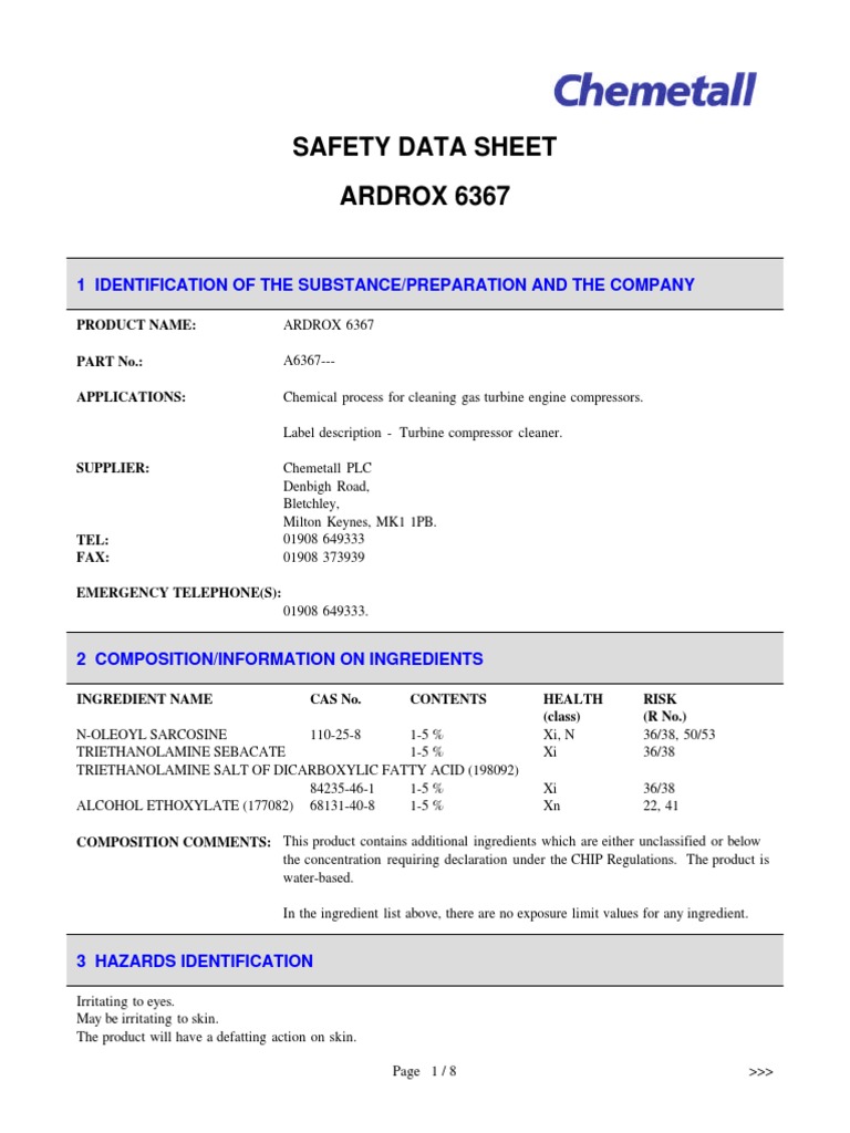 Safety Data Sheet ARDROX 6367: 1 Identification of The Substance ...