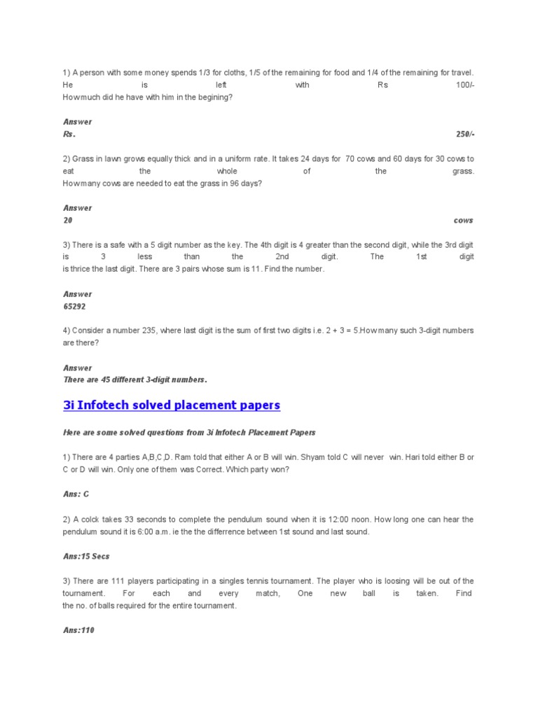 3i Infotech Solved Placement Papers: Answer Rs. 250 | PDF | Computing ...