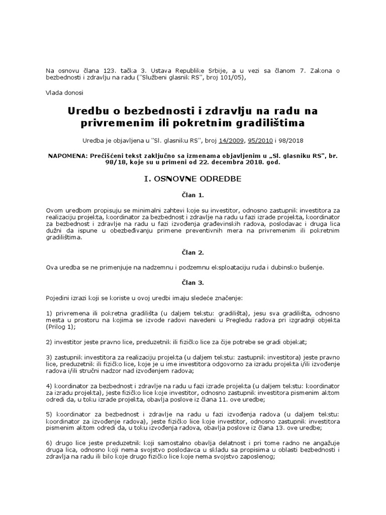Uredba o Bezbednosti I Zdravlja Na Radu Na Privremenim Ili Pokretnim Gradilistima | PDF