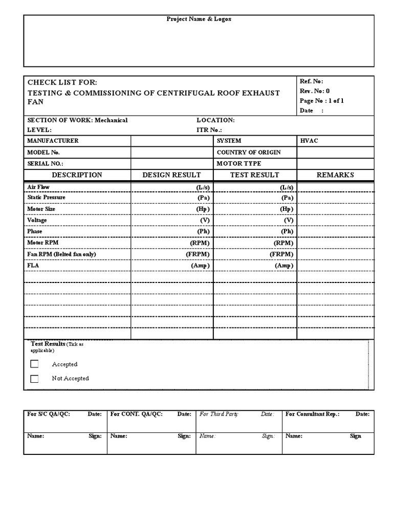 Centrifugal Exhaust Fan Commissioning Checklist | PDF | Mechanical ...