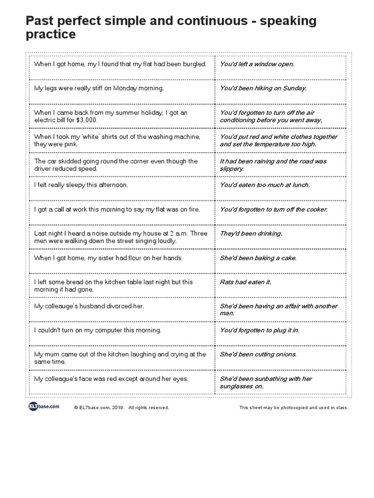Past Perfect Simple and Continuous - Speaking Practice: This Sheet May ...