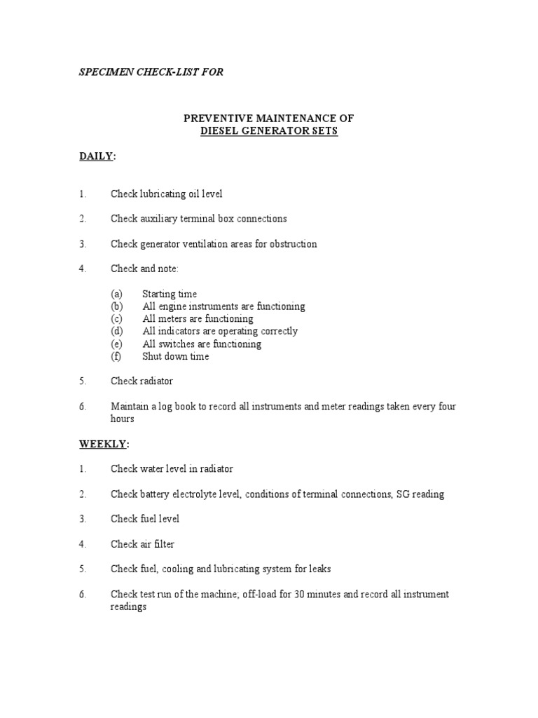 Preventive Maintenance of Diesel Generator Sets Daily:: Specimen Check ...