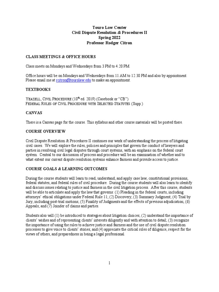 Civ Pro II Syllabus | PDF | Federal Rules Of Civil Procedure | Test ...