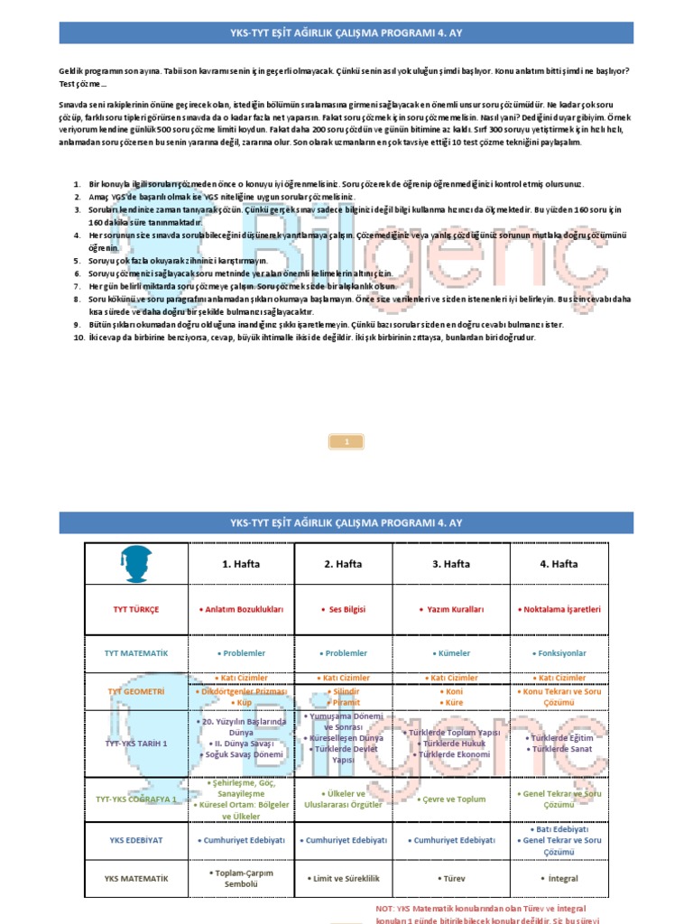 Yks Tyt Esit Agirlik Calisma Programi 4 Ay | PDF