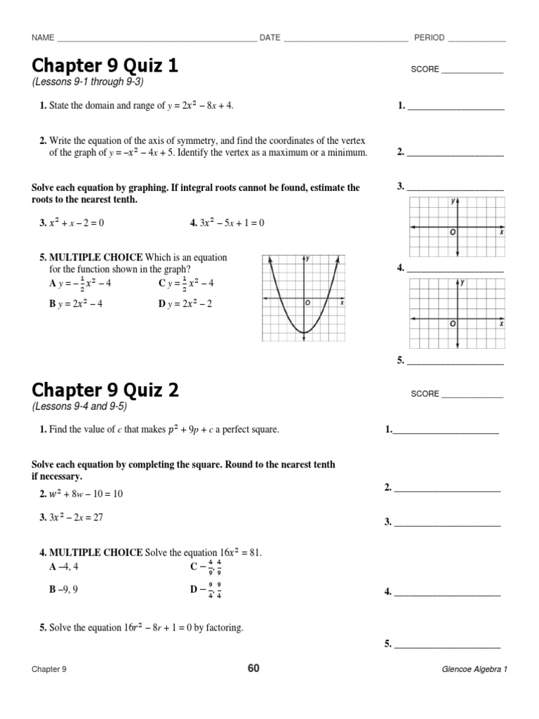 Chapter 9 Algebra 1 Test Review | PDF | Quadratic Equation | Equations