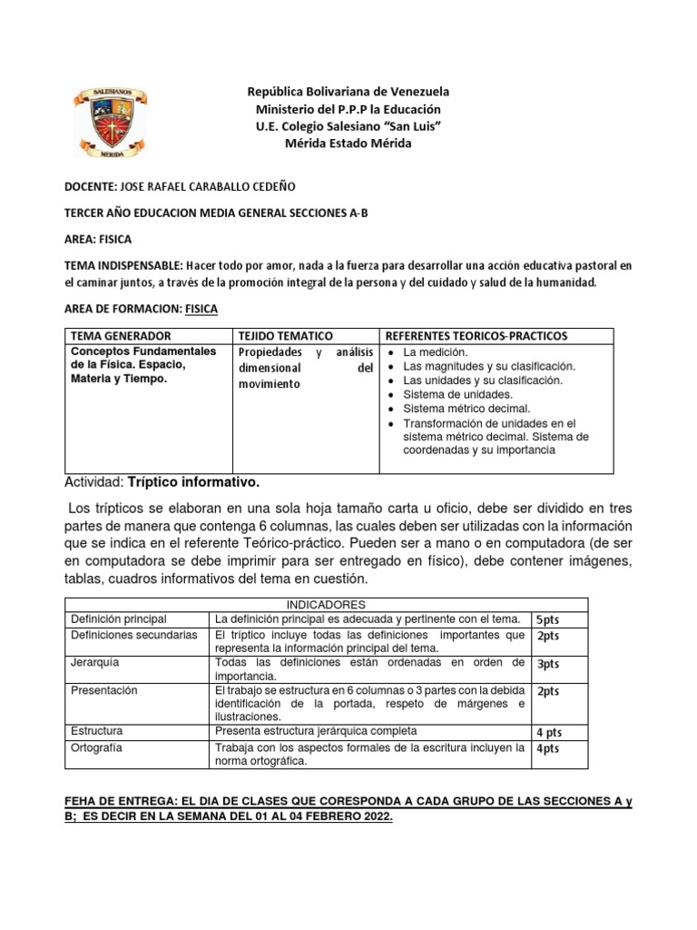 Fisica 3er Año 2do Periodo 1ra Actividad | PDF