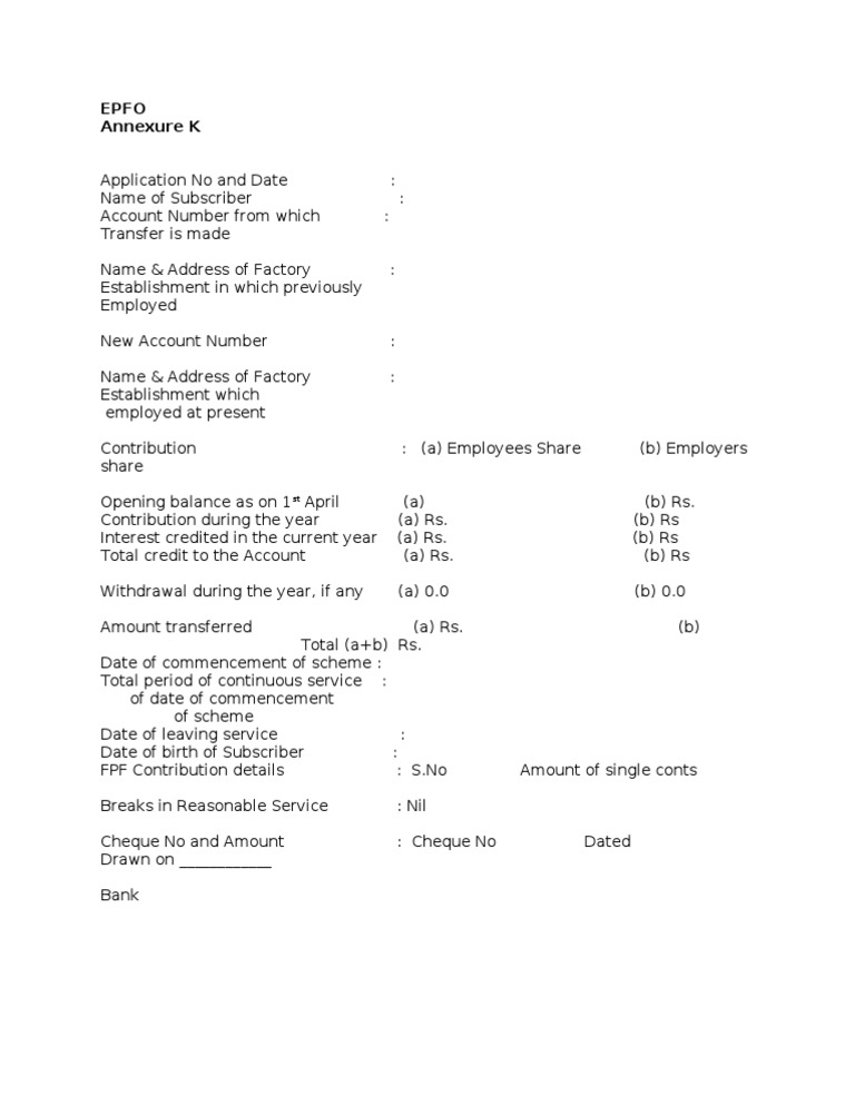 EPFO Annexure K Format and Details | PDF | Cheque | Financial Services