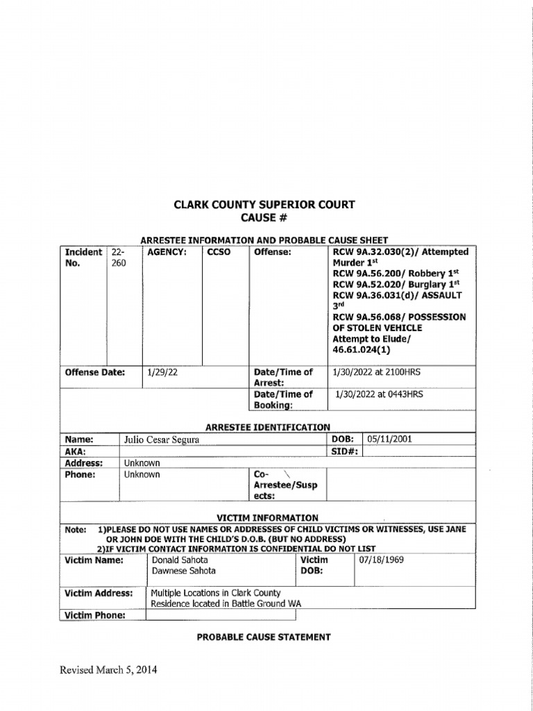 Probable Cause Statement, Clark County Superior Court - Arrest of Julio C. Segura | PDF