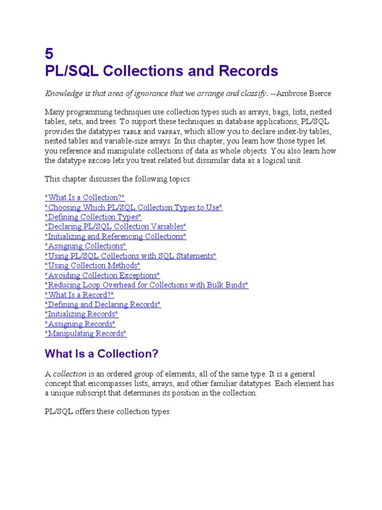 5 PL/SQL Collections and Records: What Is A Collection? | PDF | Pl/Sql | Array Data Structure