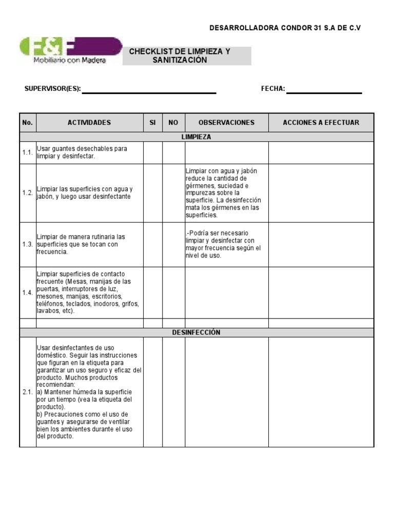 Checklist Limpieza y Sanitización | PDF | Lavado de manos | Higiene