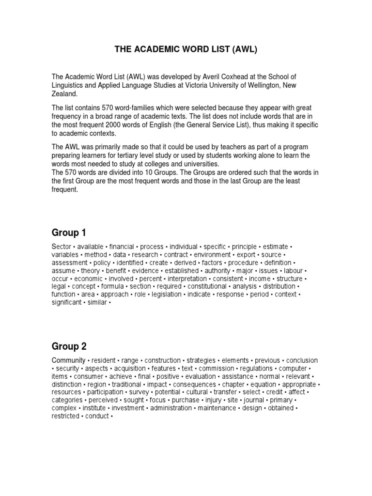 The Academic Word List | PDF | Linguistics | Word