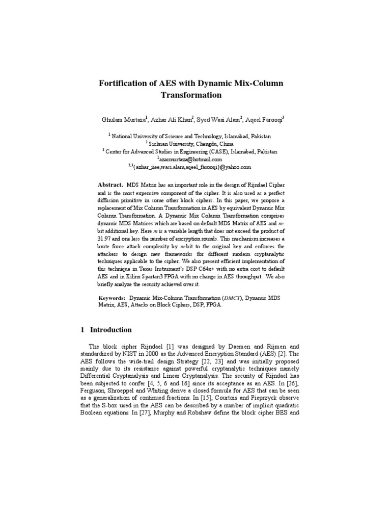 Fortification of AES With Dynamic Mix-Column Transformation: Abstract ...