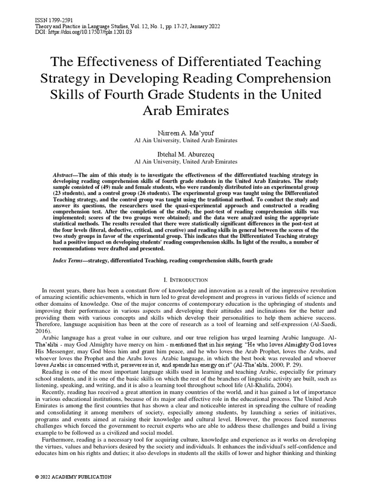 The Effectiveness of Differentiated Teaching Strategy in Developing Reading Comprehension Skills ...