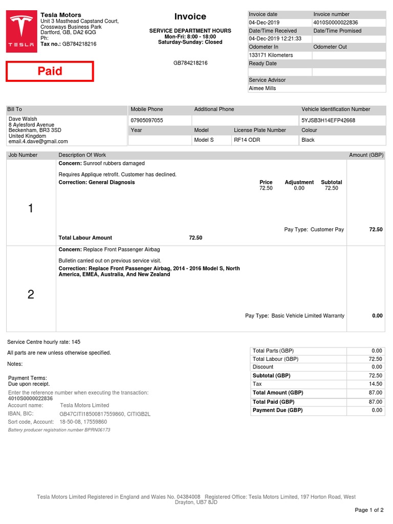 Invoice: Tesla Motors | PDF | Tesla Model S | Invoice