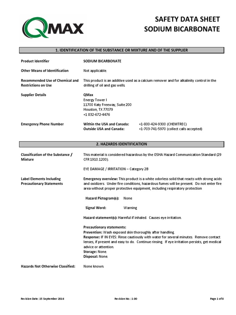 Sodium Bicarbonate - SDS 2018-09-15 Rev 1.00 - US EN | PDF | Toxicity ...