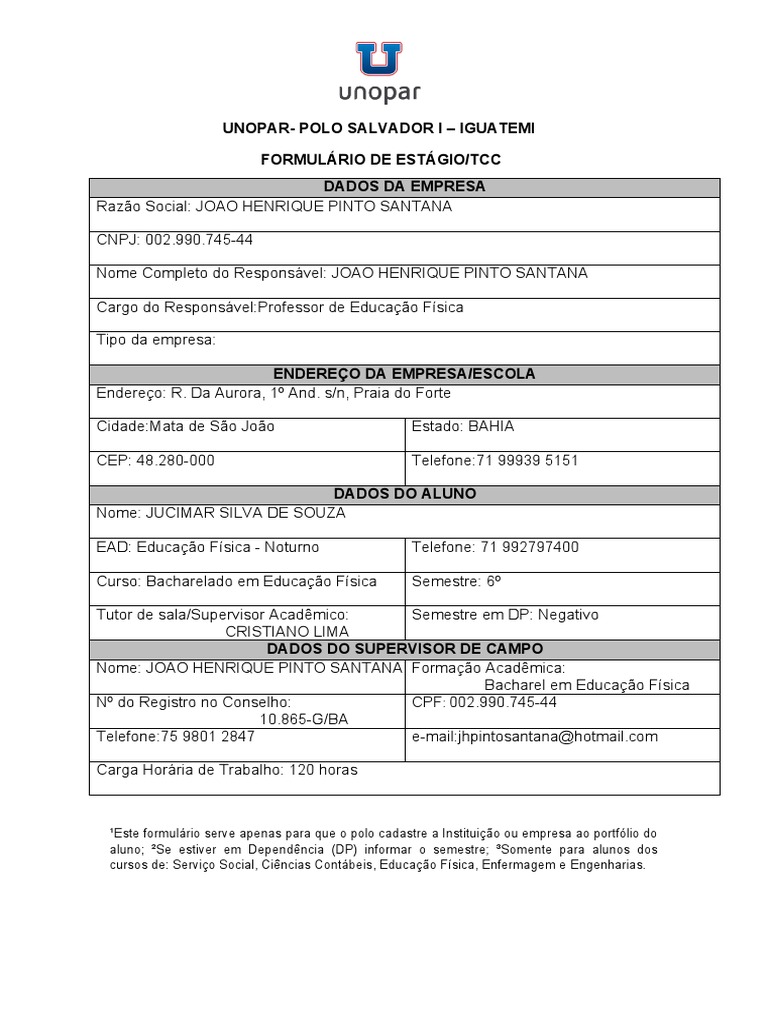 Formulário de Estágio | PDF