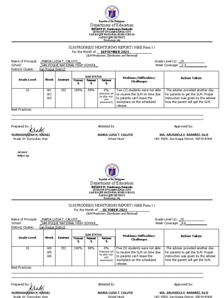 1.1 SLM Progress Monitoring Report g10 Sy.21 22 | PDF | Teaching | Pedagogy