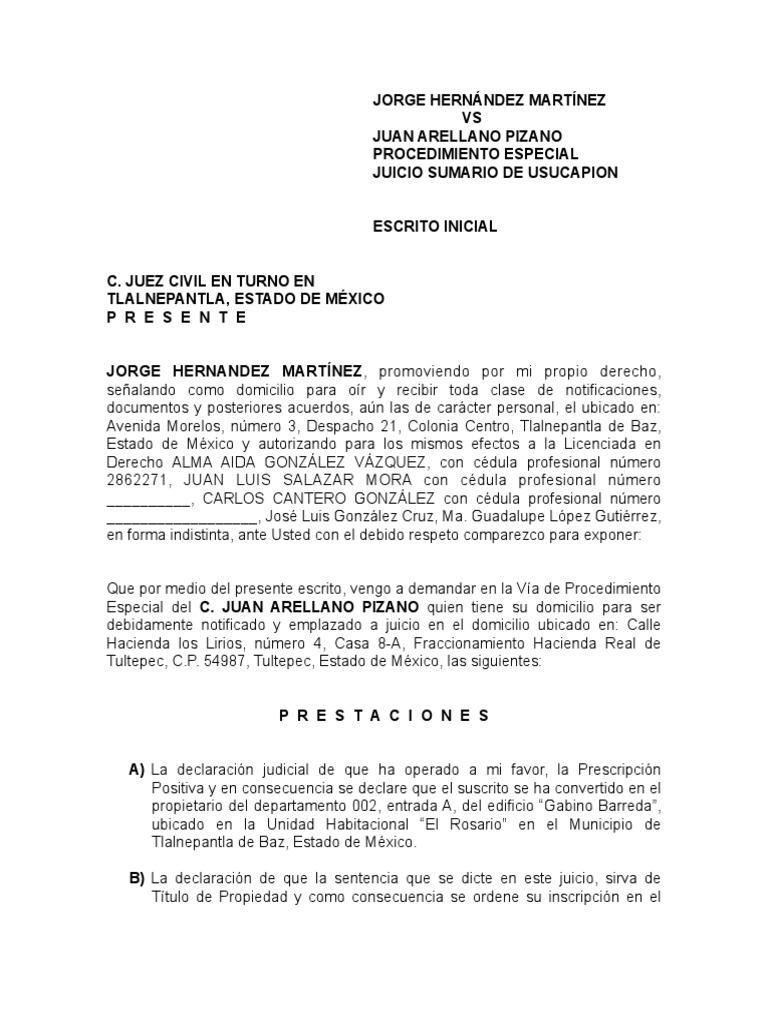 Demanda Usucapion Pdf México Derecho Civil Common Law