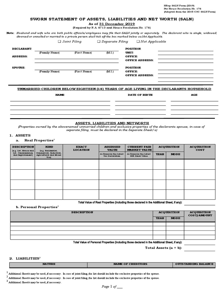 Sworn Statement of Assets, Liabilities and Net Worth (Saln) : Joint ...