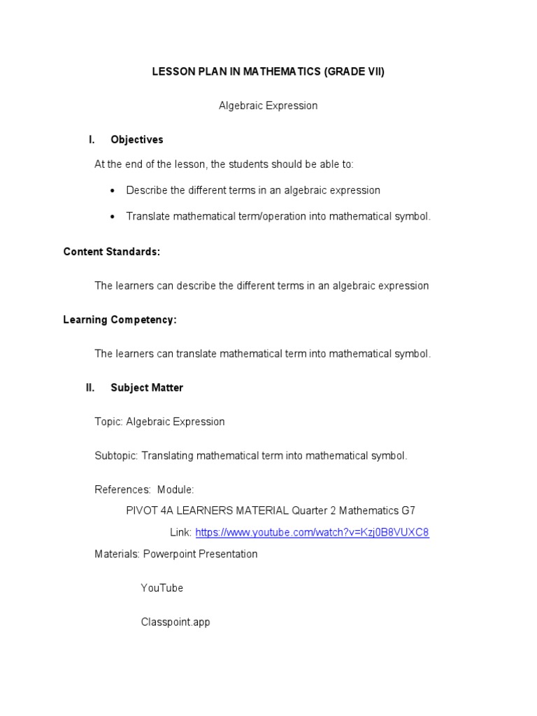 Grade 7 Algebraic Expressions Lesson Plan | PDF | Mathematics | Lesson Plan