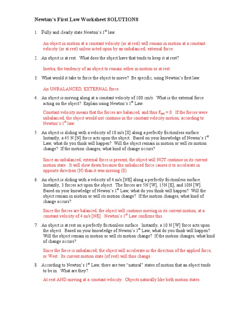 Newton's First Law Worksheet SOLUTIONS: Net ST | PDF | Force | Newton's ...