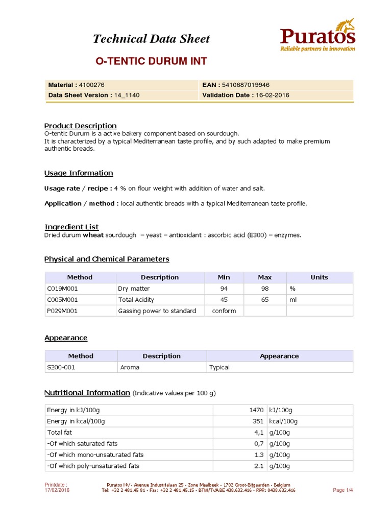 Technical Data Sheet: O-Tentic Durum Int | PDF | Fat | Foods