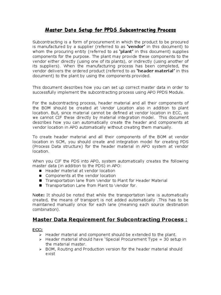 Master Data Setup For PPDS Subcontracting Process | PDF | Procurement ...